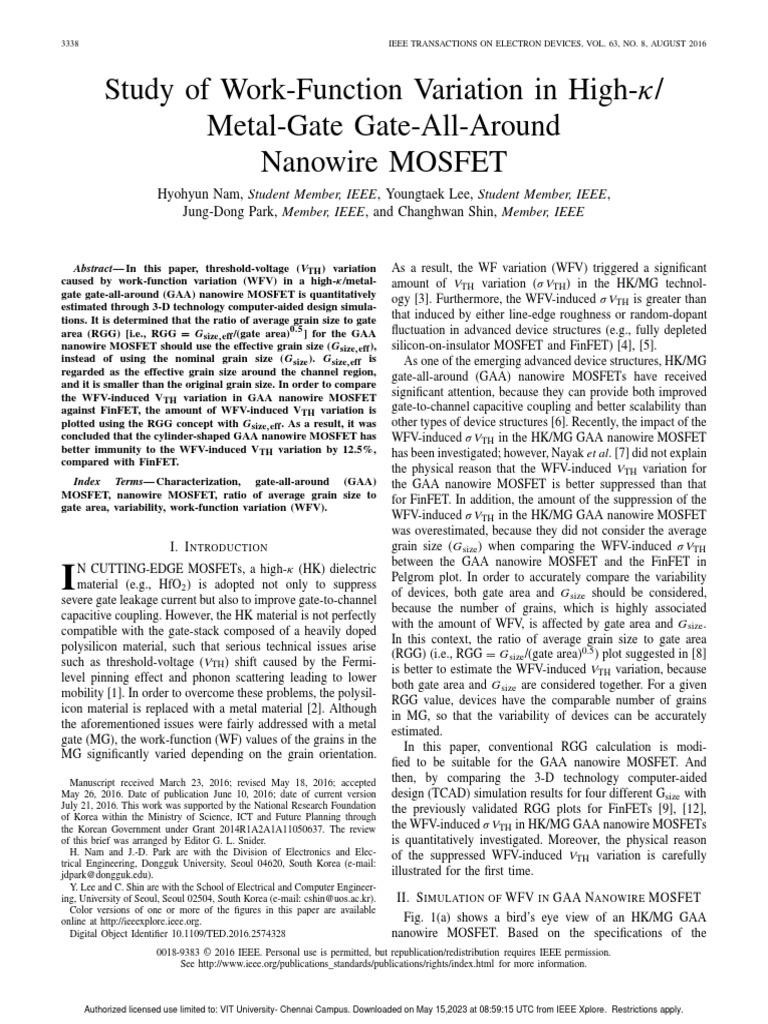 Study of Work-Function Variation in High - Kappa Metal-Gate Gate-All-Around Nanowire MOSFET ...