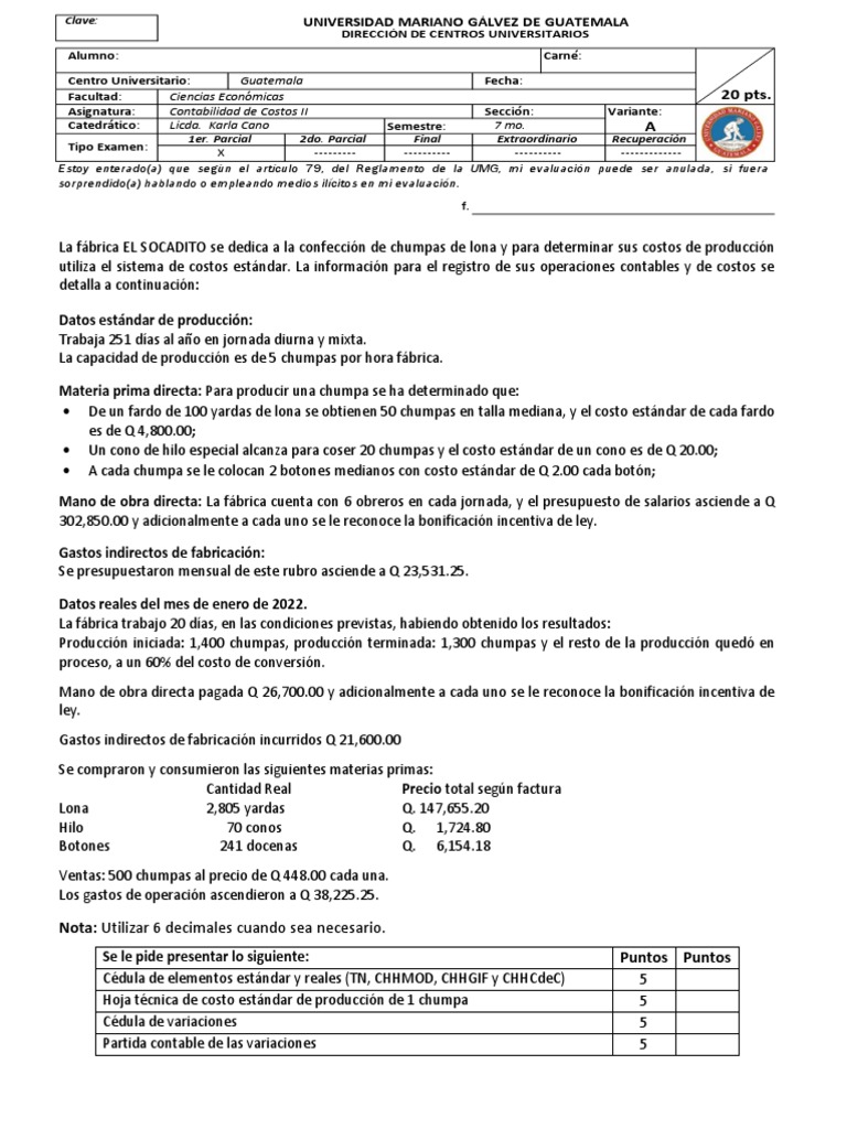 Contabilidad de Costos II - Primer Parcial 2022-1 | PDF | Costo | Contabilidad de costos