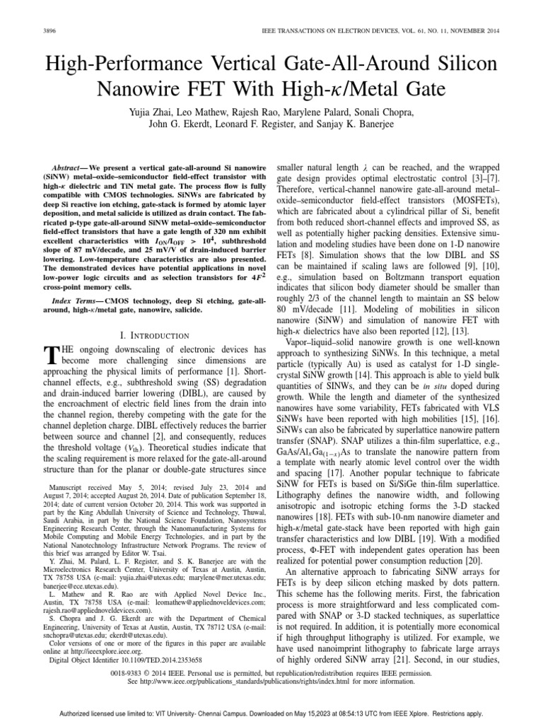 High-Performance Vertical Gate-All-Around Silicon Nanowire FET With High - Kappa Metal Gate ...