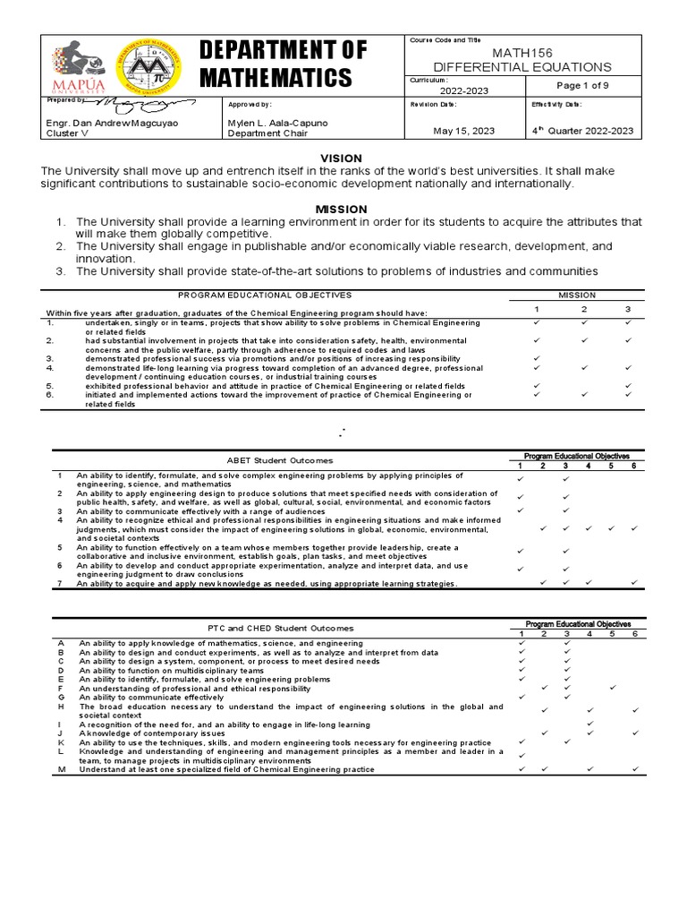 MATH156 AY 2022-2023 Q4 Syllabus Tri-X Blended UoX (ME) | PDF ...