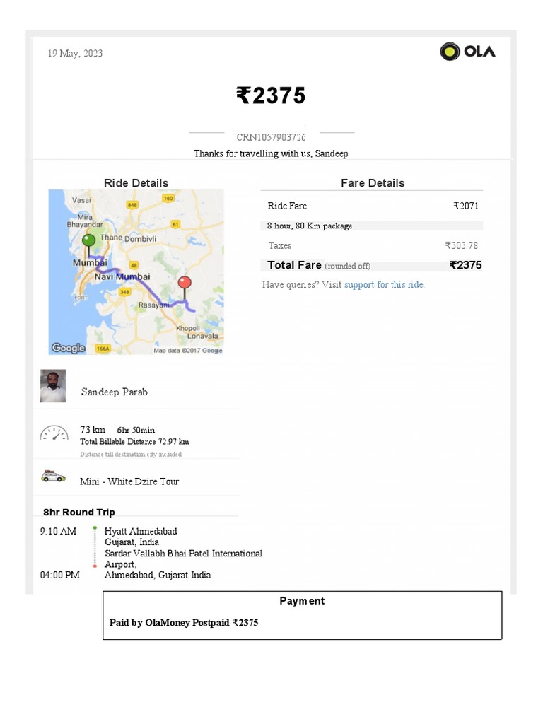 Ola Cab Invoice for Round Trip | PDF