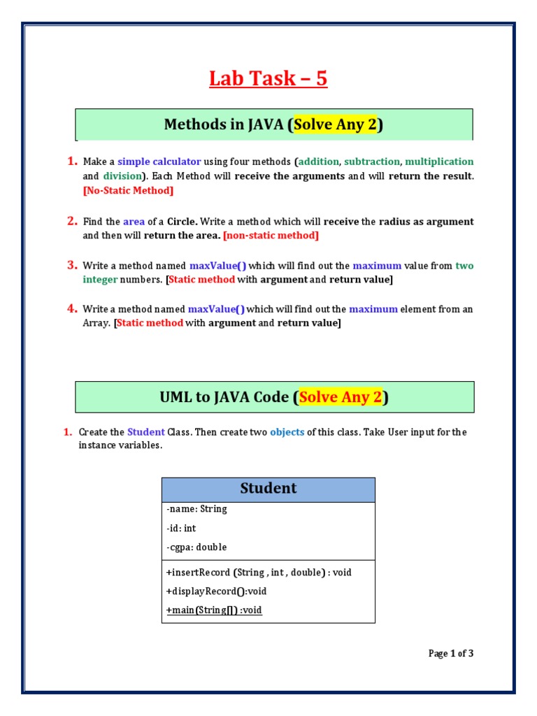 Oop Lab Task 5 Methods Uml To Java Code Pdf Method Computer Programming Integer