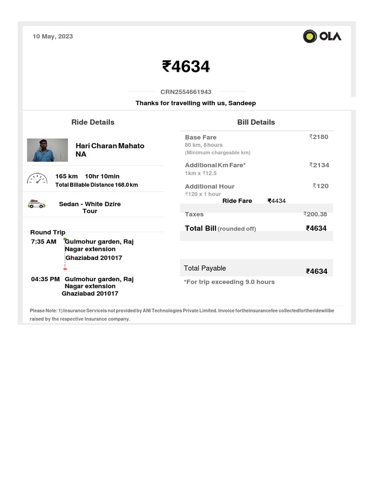 Ola Outstation Bill | PDF