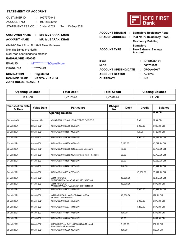 IDFC FIRST Bank Statement 13 000 2021 120000 - 3948 | PDF | Debits And ...