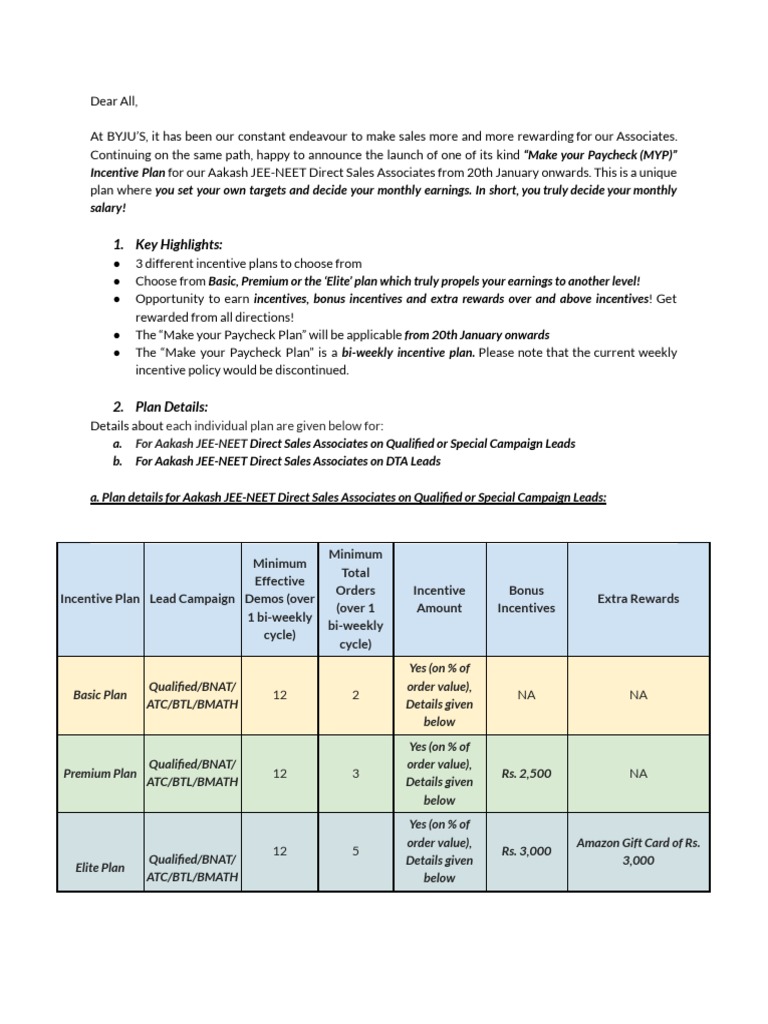 BYJU'S Aakash Sales Incentive Plan | PDF | Payments | Prepaid Mobile Phone