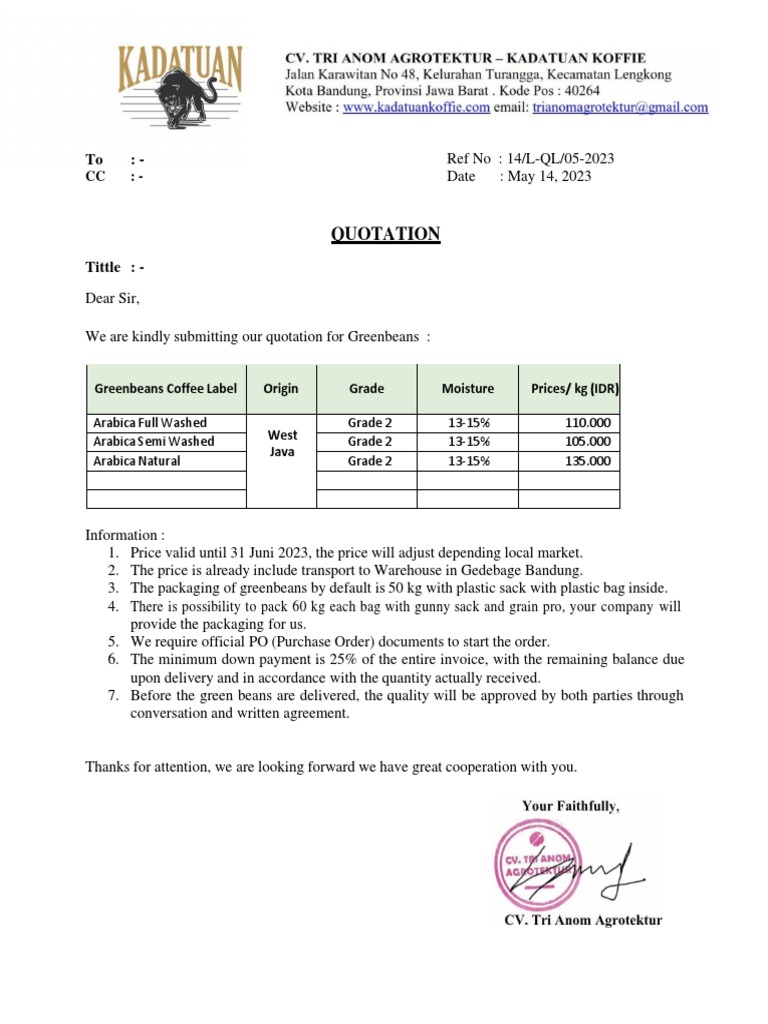 Greenbeans Coffee Quotation Arabica West Java | PDF