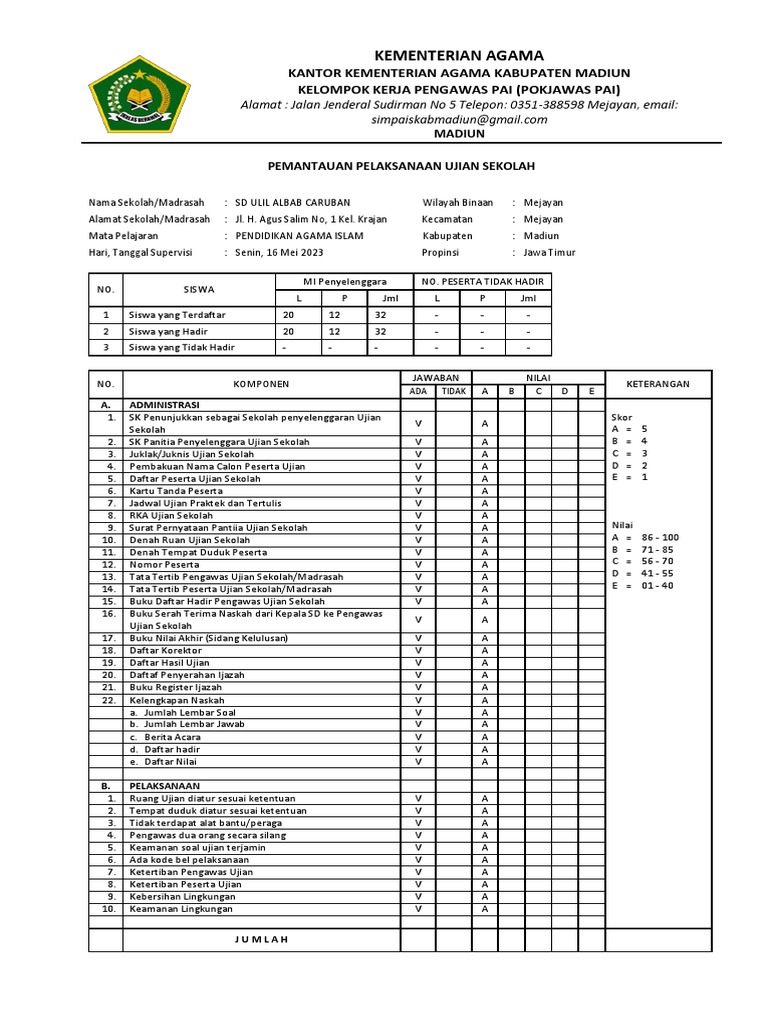 Instrumen Monitoring Ujian Sekolah - 2023 | PDF
