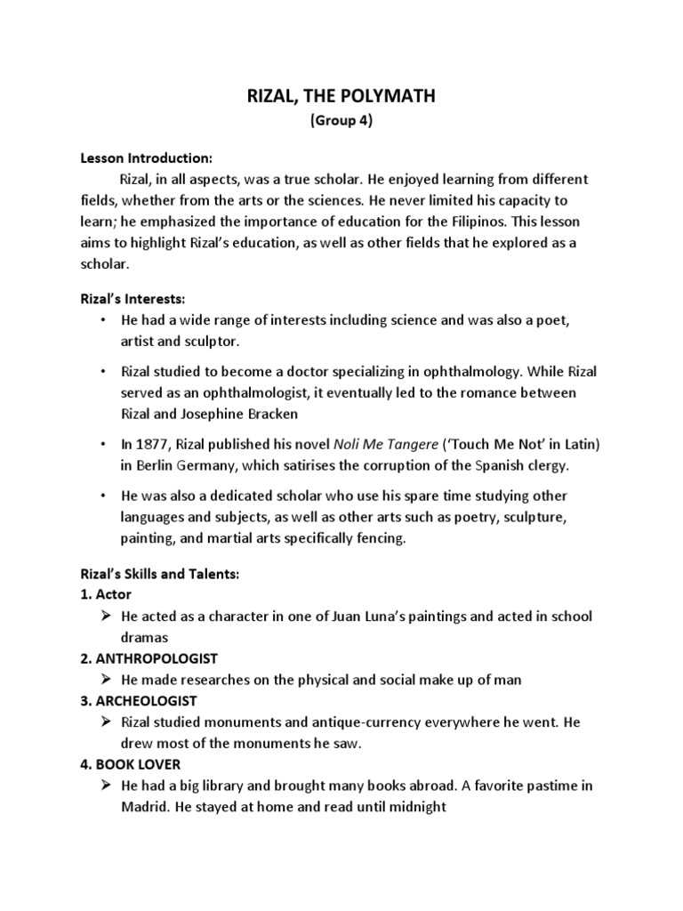 RIZAL, THE POLYMATH - Group 4 | PDF
