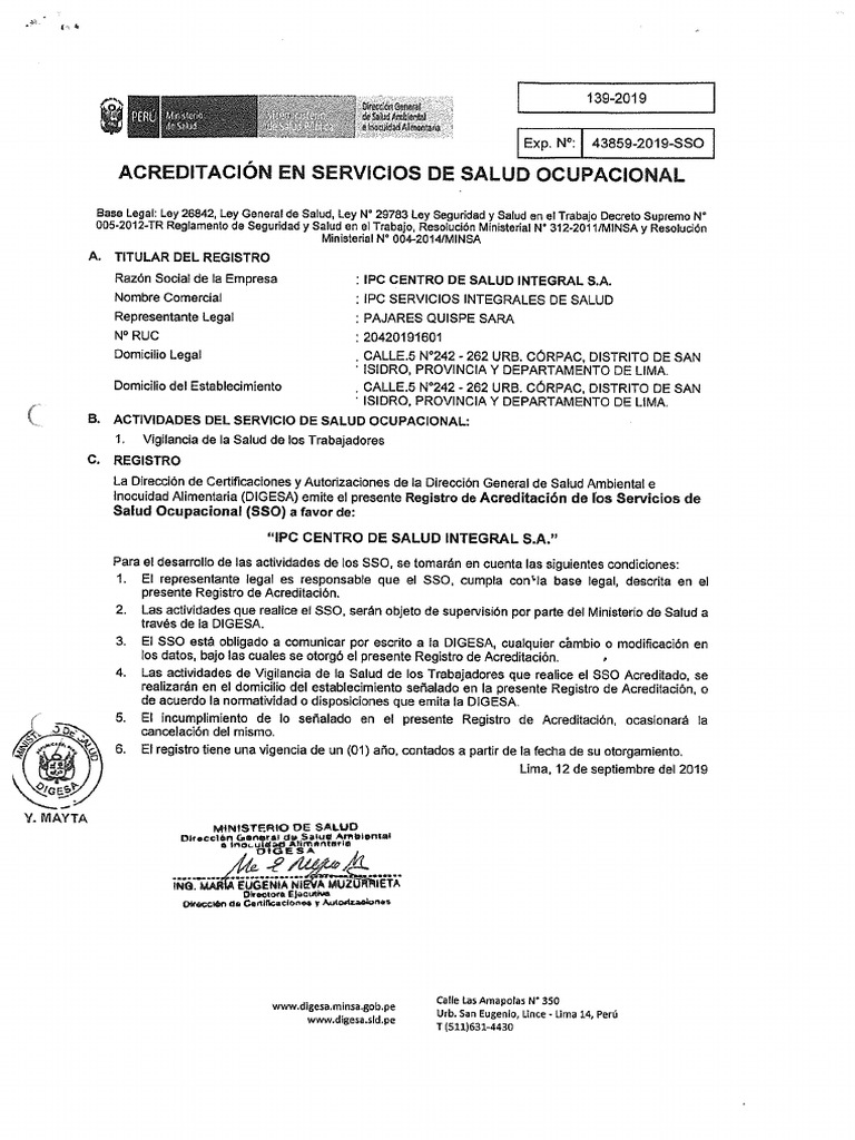 DIGESA Acreditación 2019-2020 - IPC | PDF