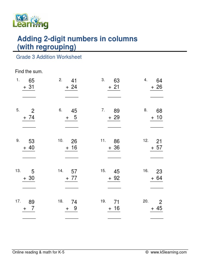 Grade 3 Add 2 Digit Numbers in Columns With Regrouping B | PDF