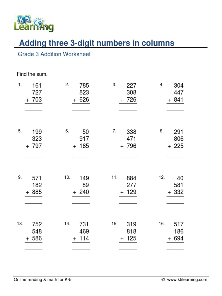 Grade 3 Addition Worksheet: 3-Digit Sums | PDF