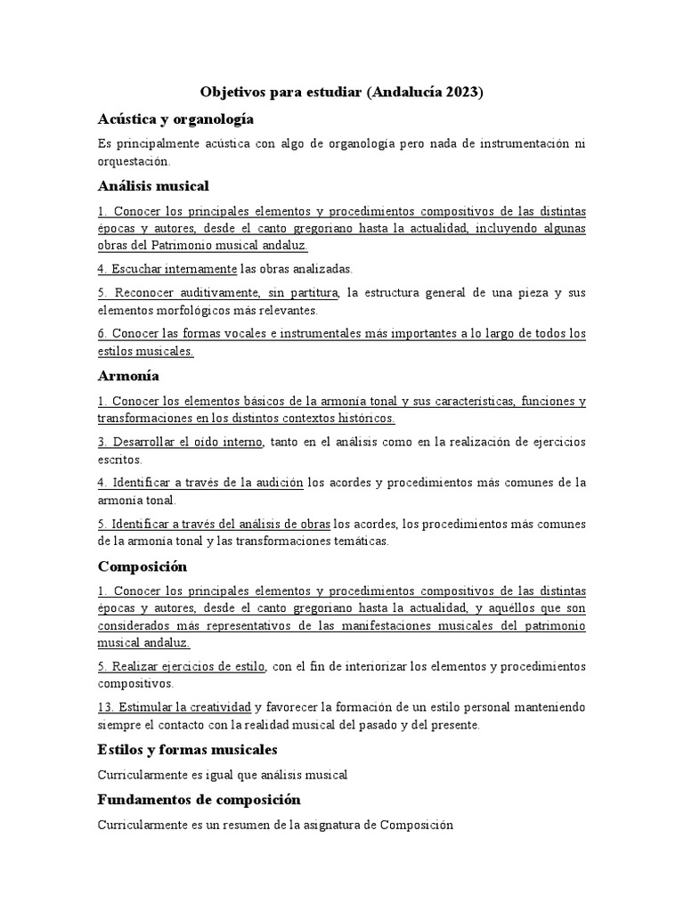 Objetivos de estudio musical Andalucía 2023 | PDF | Composiciones ...