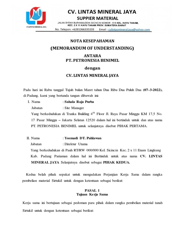 Surat Perjanjian Kontrak Pt Petro Dan Pt Gaps Sirtukil Pdf