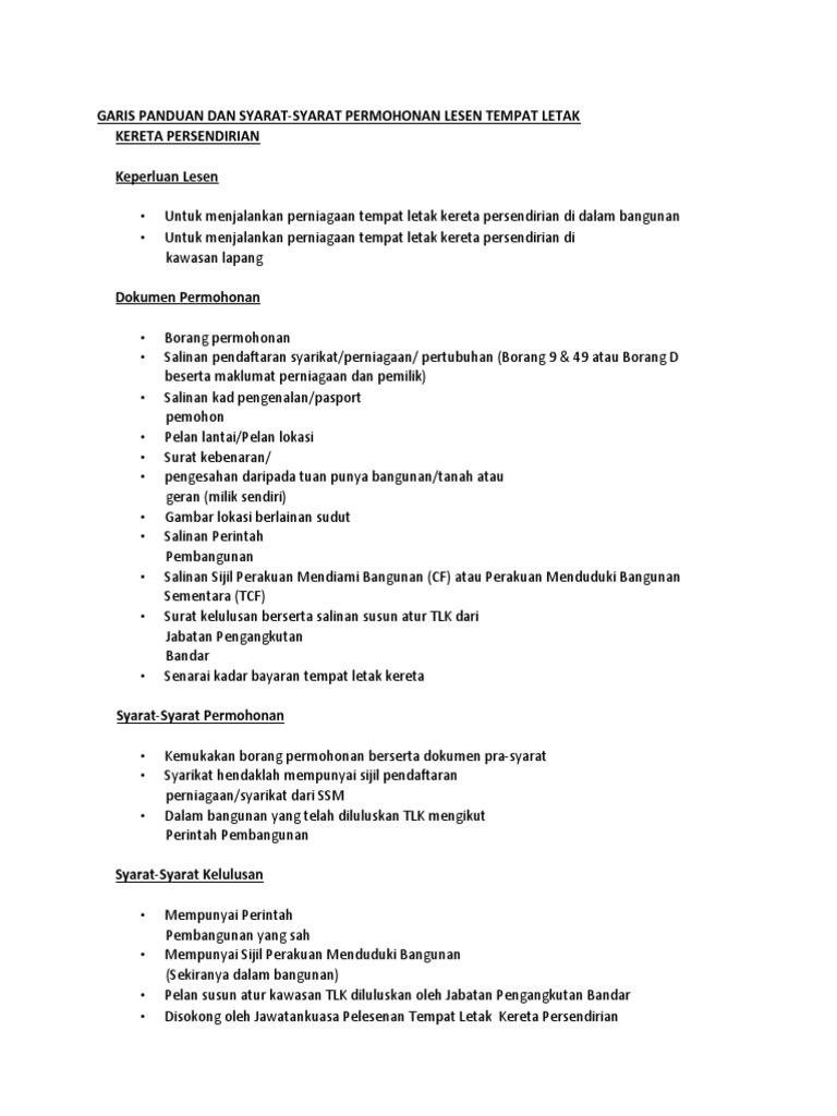 GARIS PANDUAN DAN SYARAT-Lesen Tempat Letak Kereta Persendirian | PDF