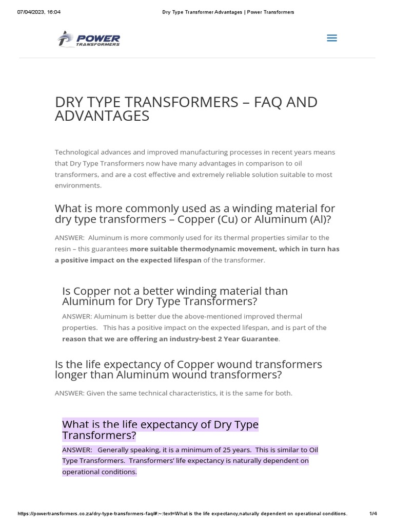 Dry Type Transformer Advantages - Power Transformers | PDF ...