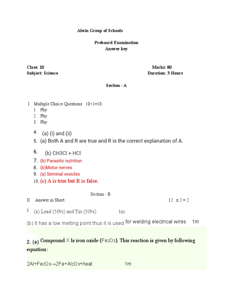 Class 10 Science Preboard Answer Key | PDF | Neuron | Acid