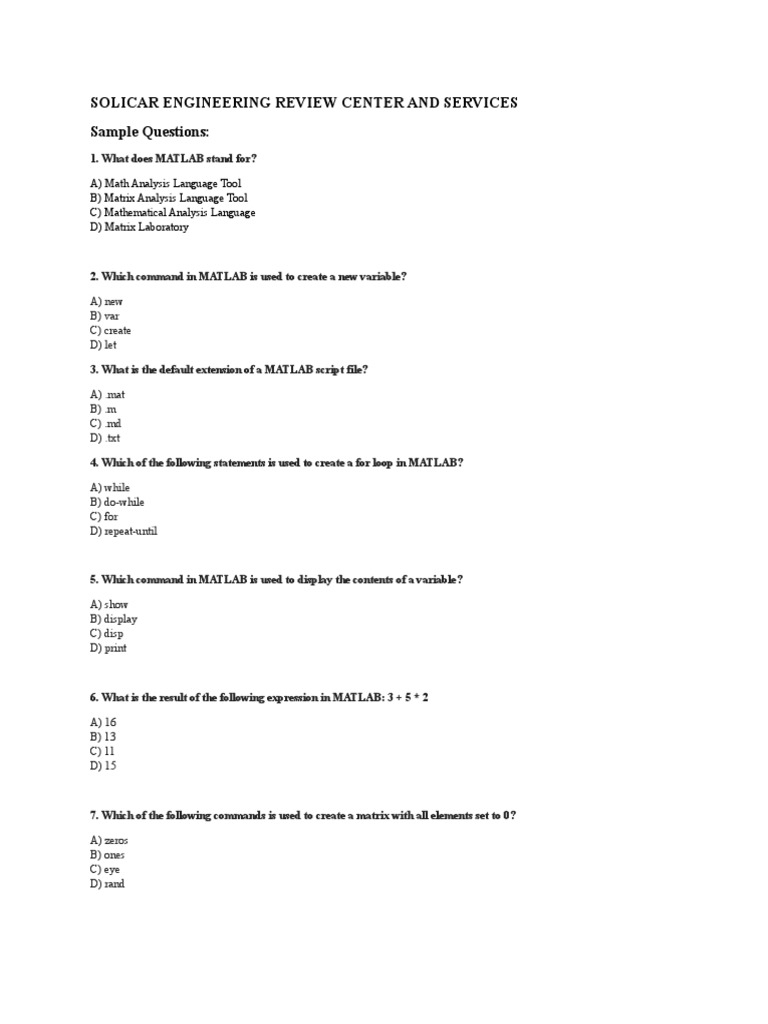MATLAB Sample Questions Guide | PDF | Matlab | Matrix (Mathematics)