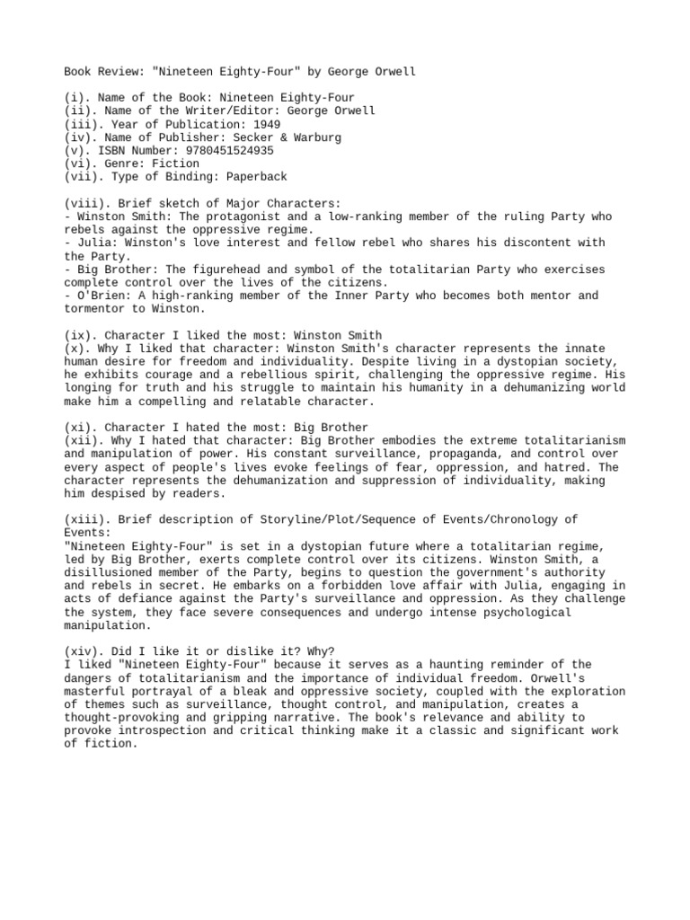 Book Review Nineteen Eighty-Four by | PDF