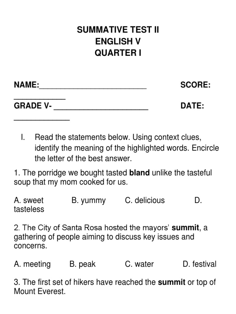 SUMMATIVE TEST II (English and MAPEH V) 2 | PDF