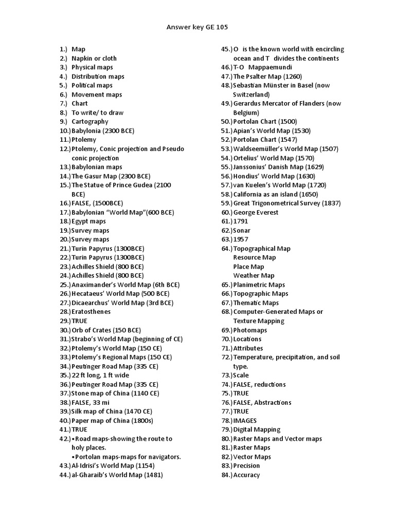 Answer Key Ge 105 | PDF | Geographic Information System | Cartography