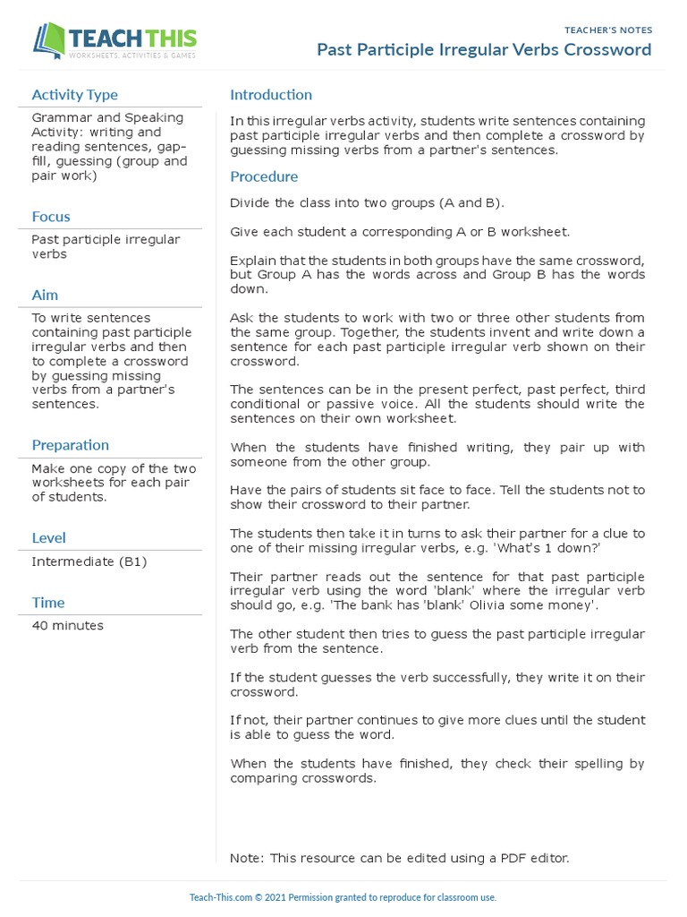 Past Participle Irregular Verbs Crossword | PDF | Verb | Crossword