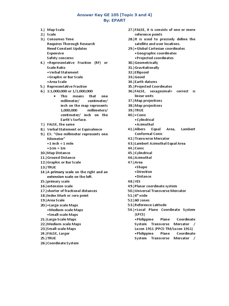 GE 105 Answer Key: Map Scales & GIS | PDF | Contour Line | Interpolation