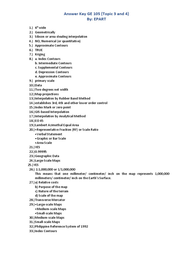 GE 105 Answer Key: Topics 3 & 4 | PDF | Contour Line | Geographic ...