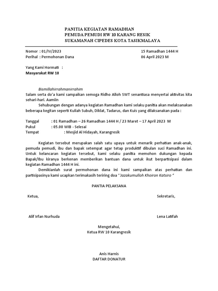 Permohonan Dana Kegiatan Ramadhan RW 10 | PDF