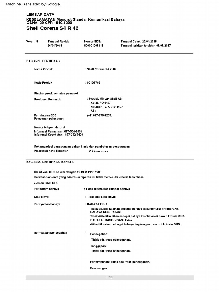 MSDS Shell Corena S4 R 46 | PDF