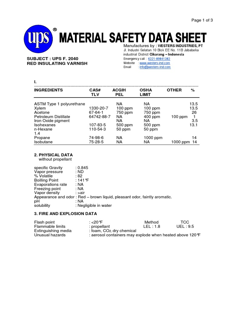 Msds Ups f.2040 Red Insulating Varnish | PDF | Respiratory System | Propane