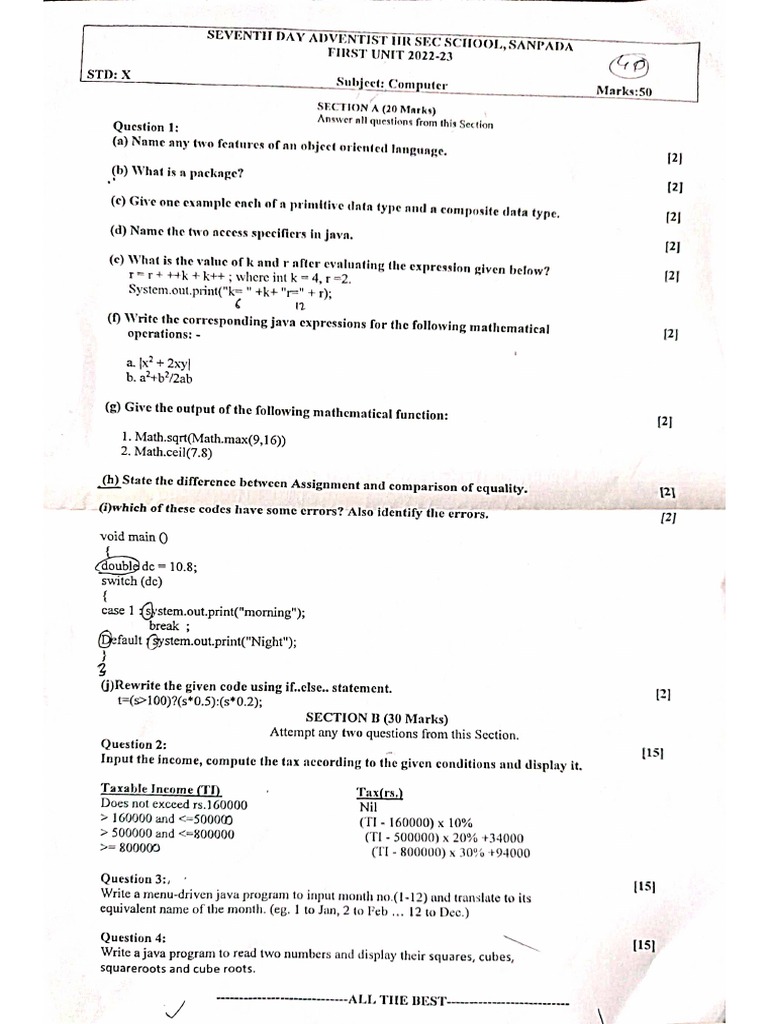 10th ICSE Computer (1st Unit Test Question Paper 2022) | PDF