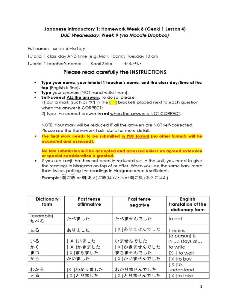 Japanese Homework Week 8 Instructions | PDF | Linguistics | Languages