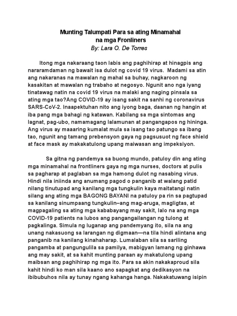 Munting Talumpati para Sa Ating Minamahal Na Mga Frontliners | PDF Munting Talumpati para Sa Ating Minamahal Na Mga Frontliners | PDF