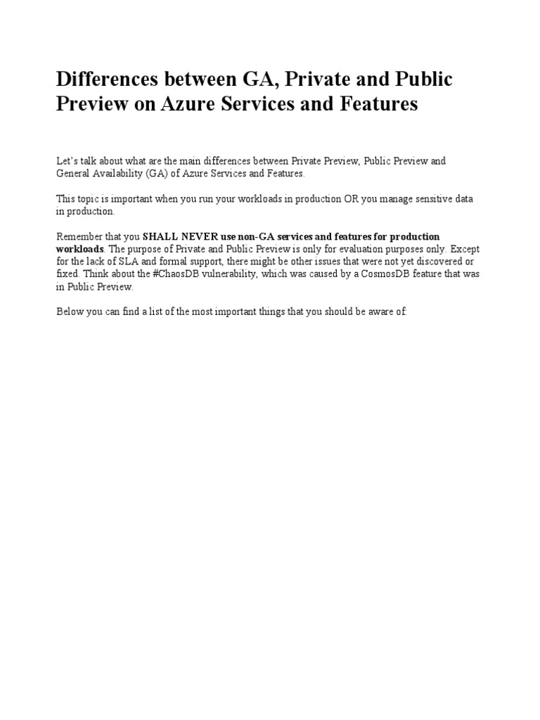 GA Vs Private Vs Public Preview in Azure | PDF GA Vs Private Vs Public Preview in Azure | PDF
