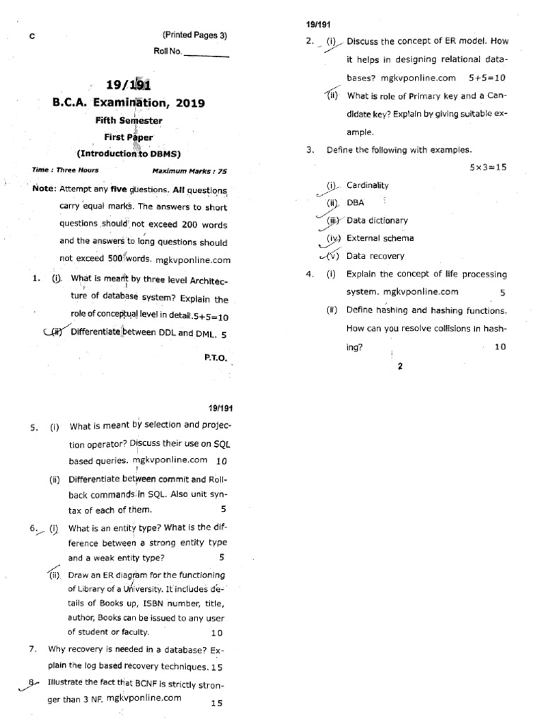 Bca 5 Sem Introduction To Dbms Paper 1 2019 | PDF