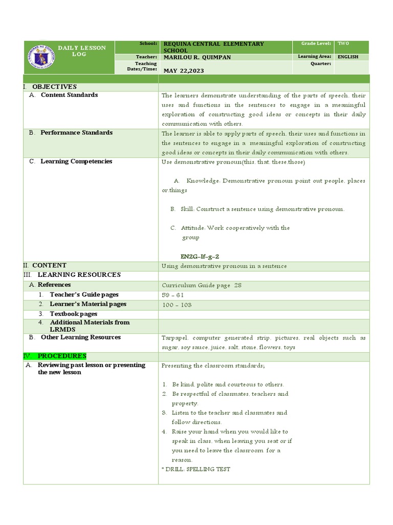 English2 Cot Plan Final | PDF | Teachers | Learning