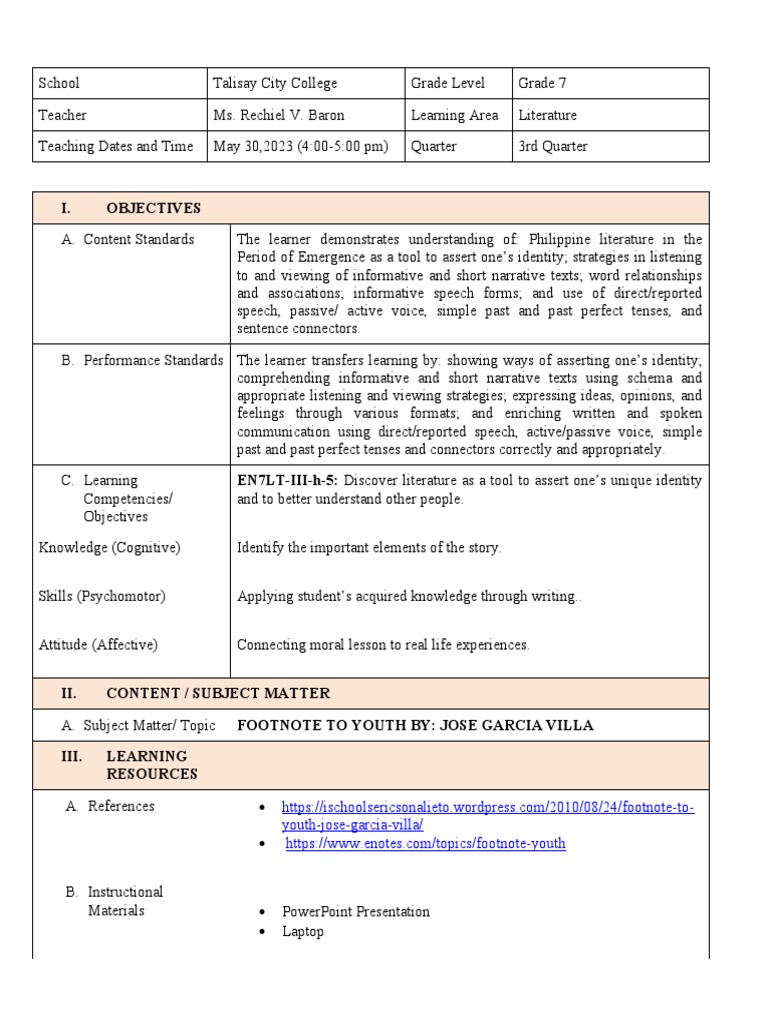 Lesson Plan Short Story Baron | Download Free PDF | Learning | Teachers