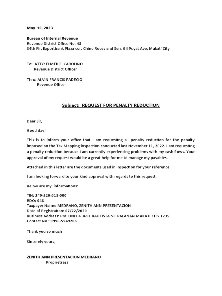 Request Letter For Reduction of Penalty | PDF