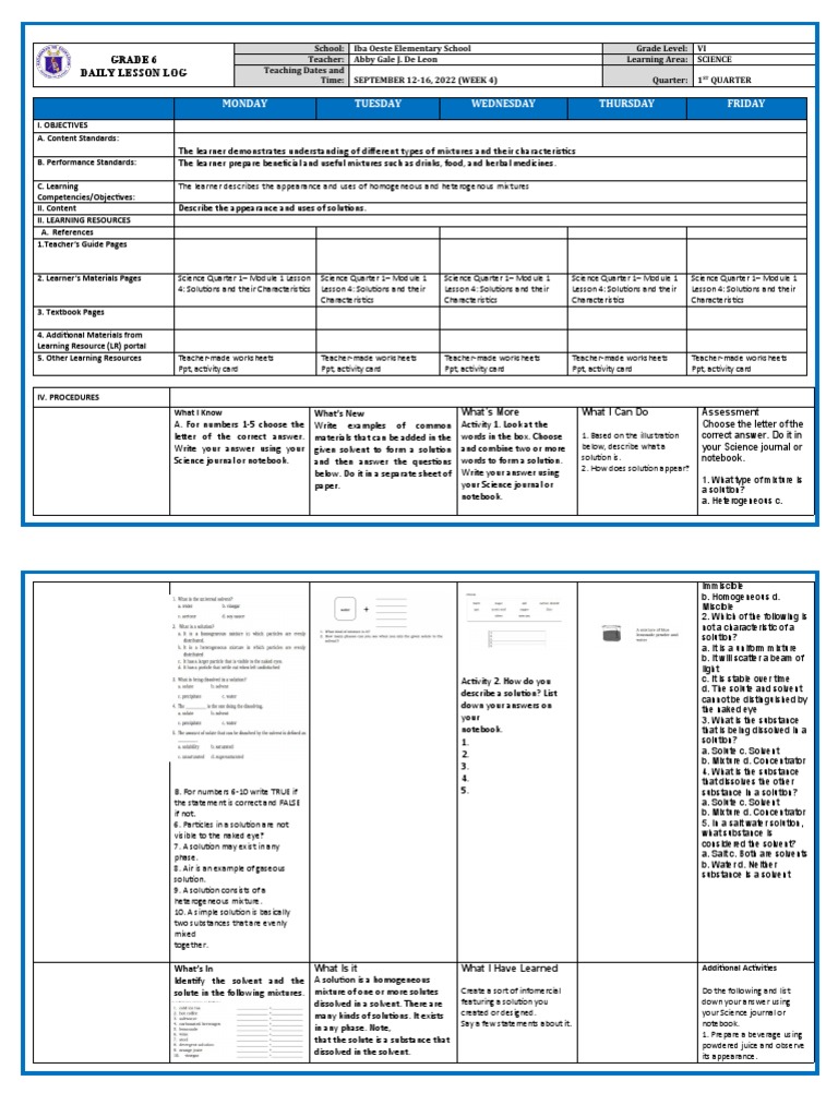 Melc-Based Science DLL Quarter 1 Week 4 | PDF | Mixture | Chemistry