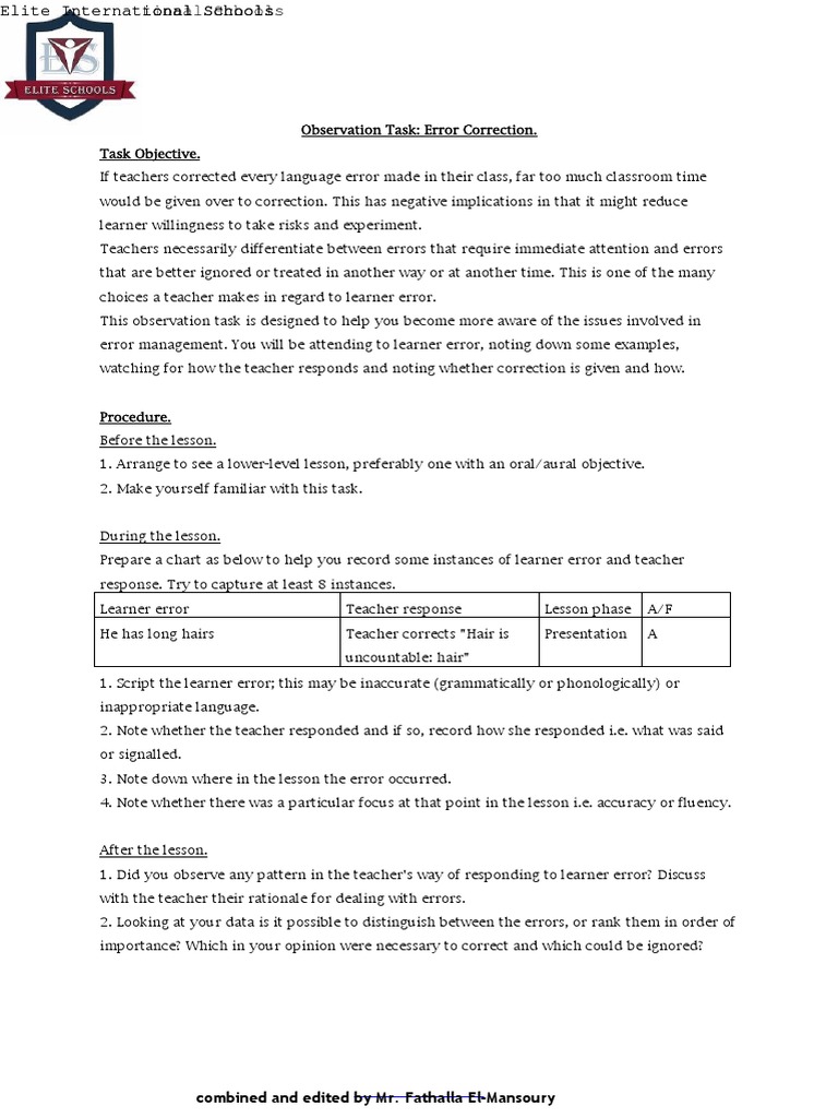 Error Correction Observation Sheet-2 | PDF | Teachers | Verb