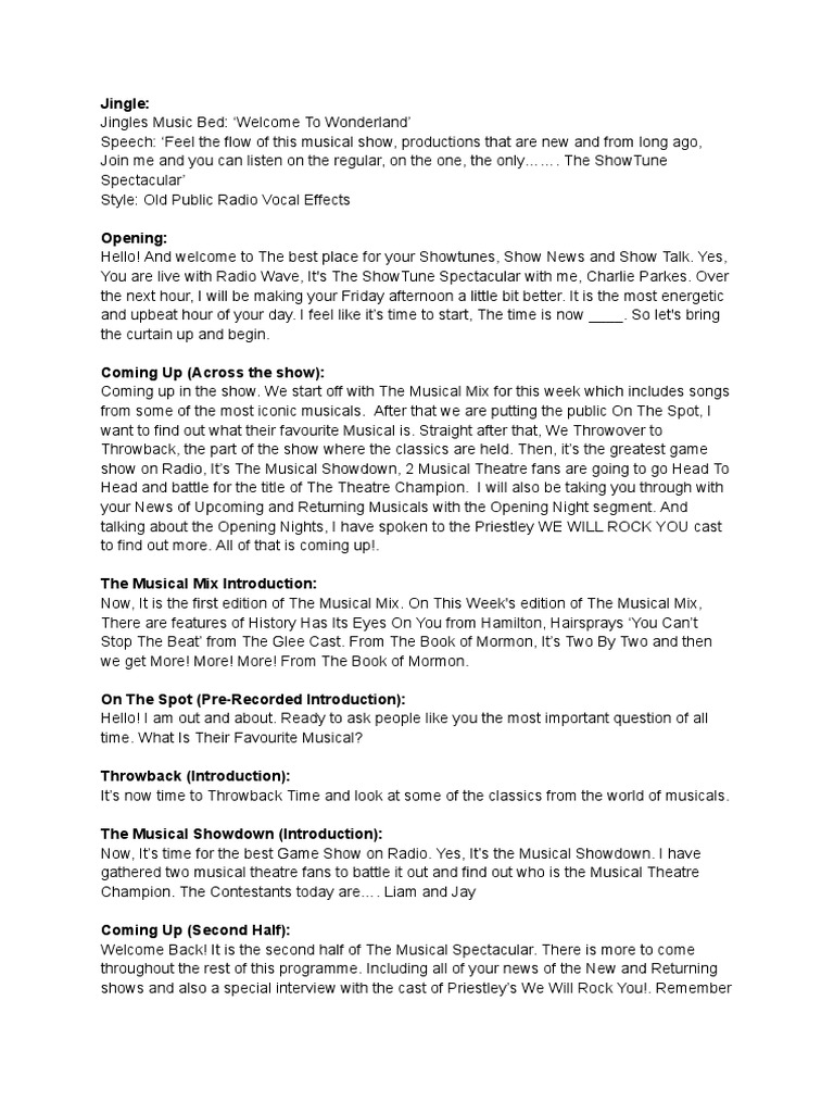 Charlie Parkes - Script - Radio Show | PDF | Musical Theatre
