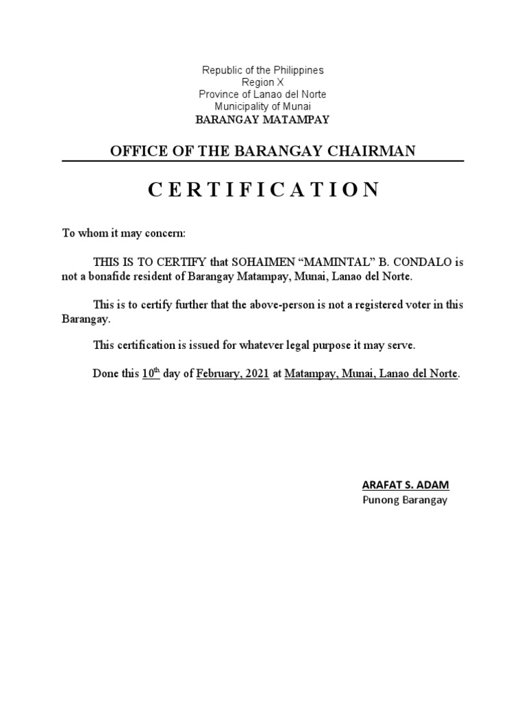 Certification of Not Residency | PDF