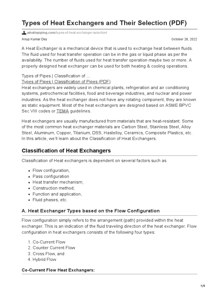 Types of Heat Exchangers and Their Selection | PDF | Heat Exchanger | Heat
