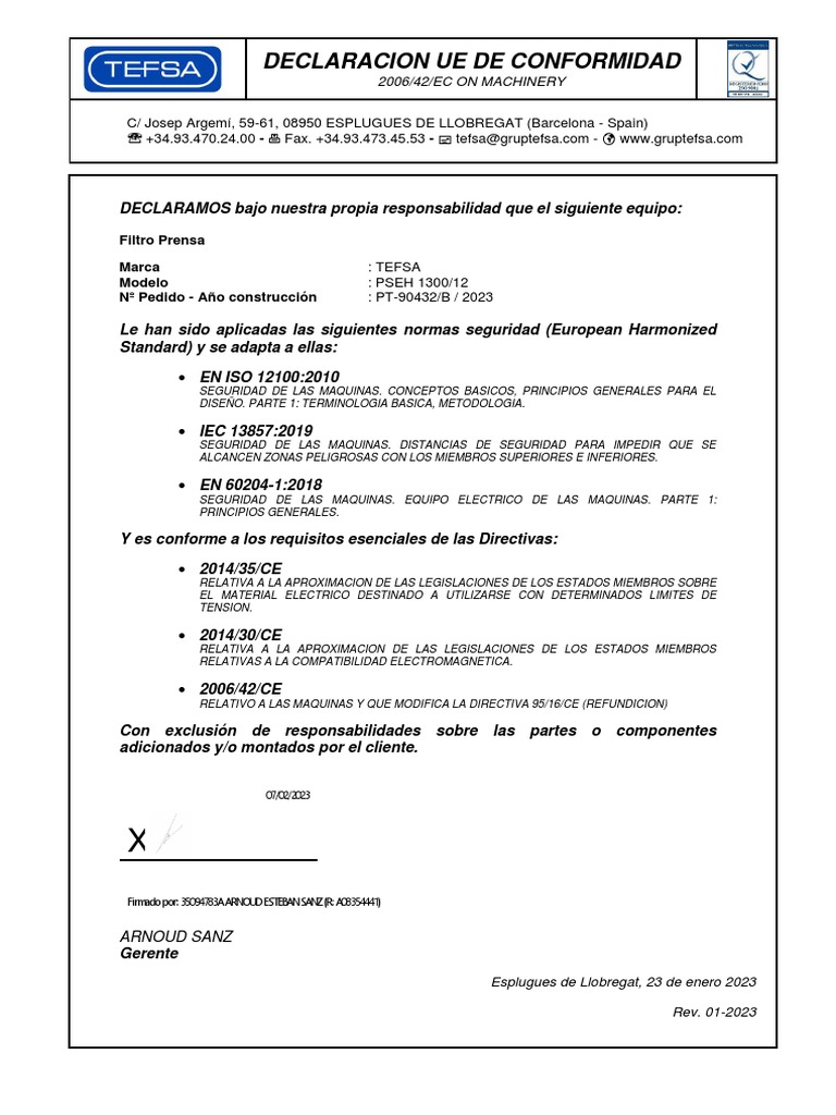 00.01 - Filter Press Certificates | PDF | Ingenieria Eléctrica