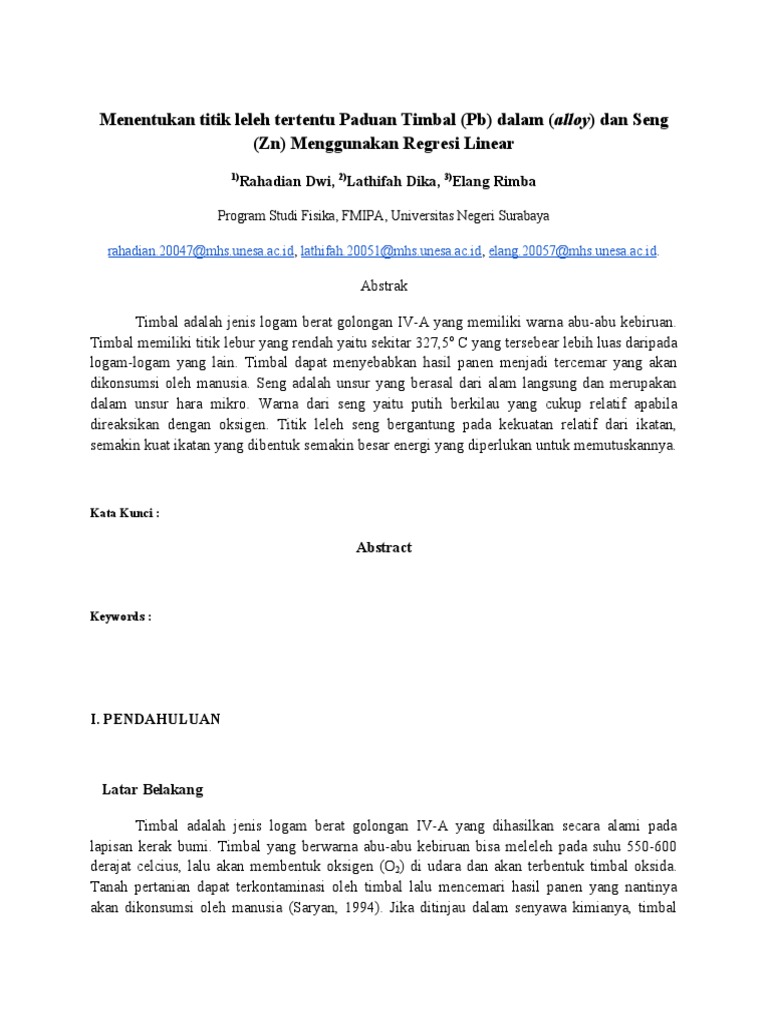 Menentukan Titik Leleh Tertentu Paduan Timbal (PB) Dalam (Alloy) Dan Seng (ZN) Menggunakan ...