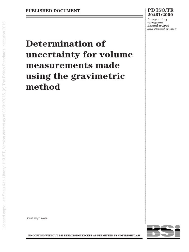 ISO 20461-2000 Determination of Uncertainty For Volume Measurements Made Using The Gravimetric ...