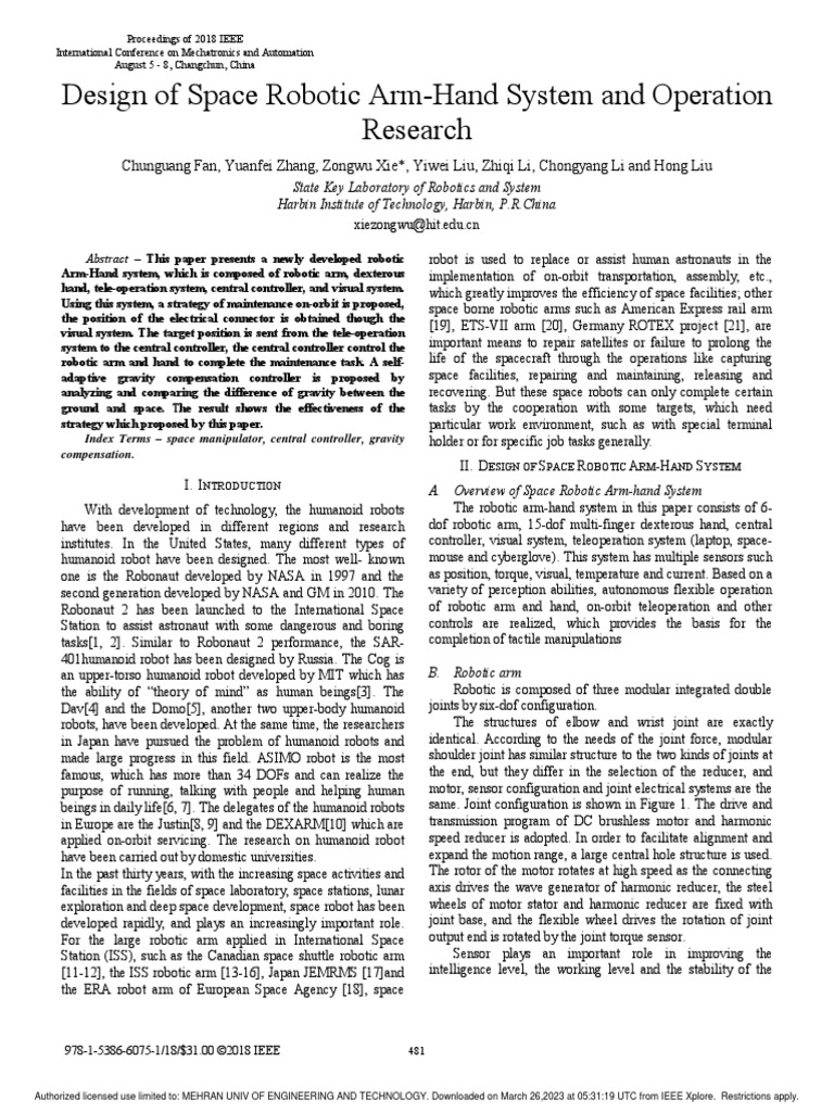Design of Space Robotic Arm-Hand System and Operation Research | PDF ...