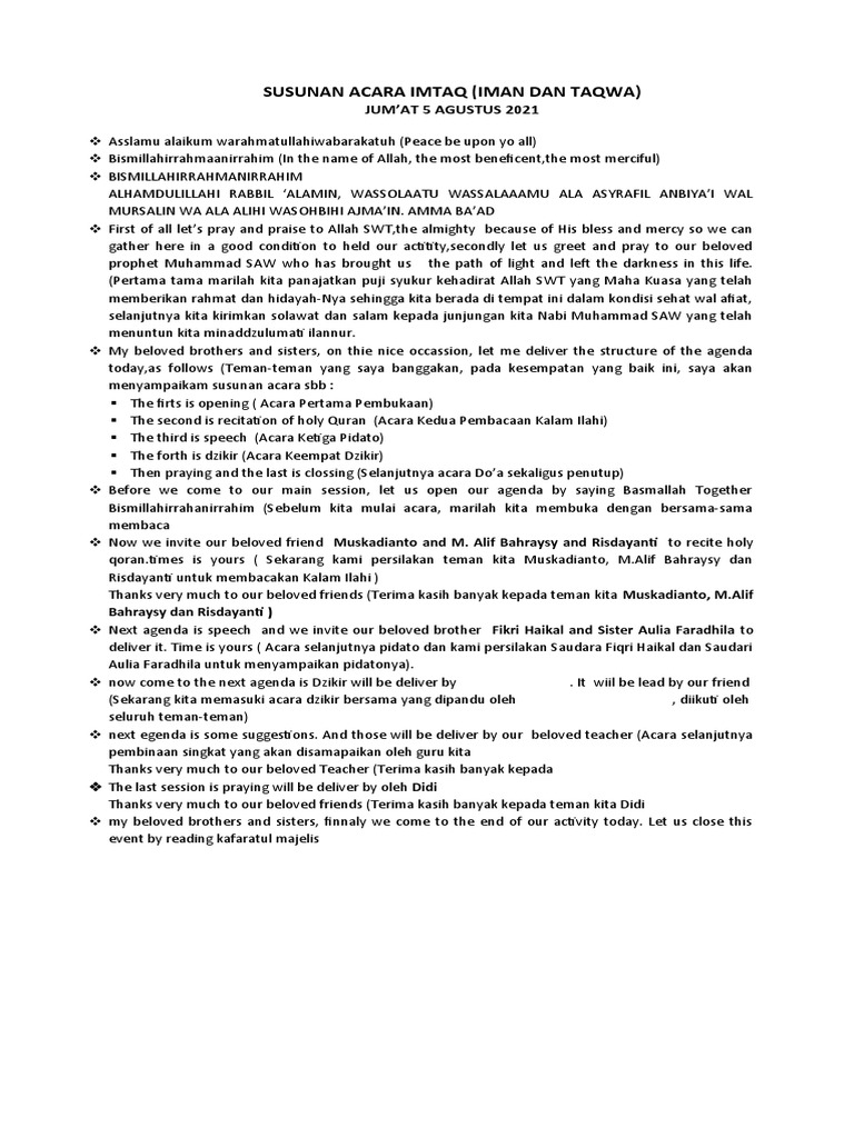 Susunan Acara Imtaq SMANPAT | PDF
