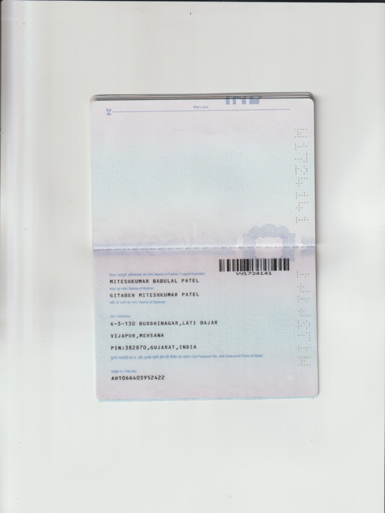 Kishan Patel Passport Back | PDF