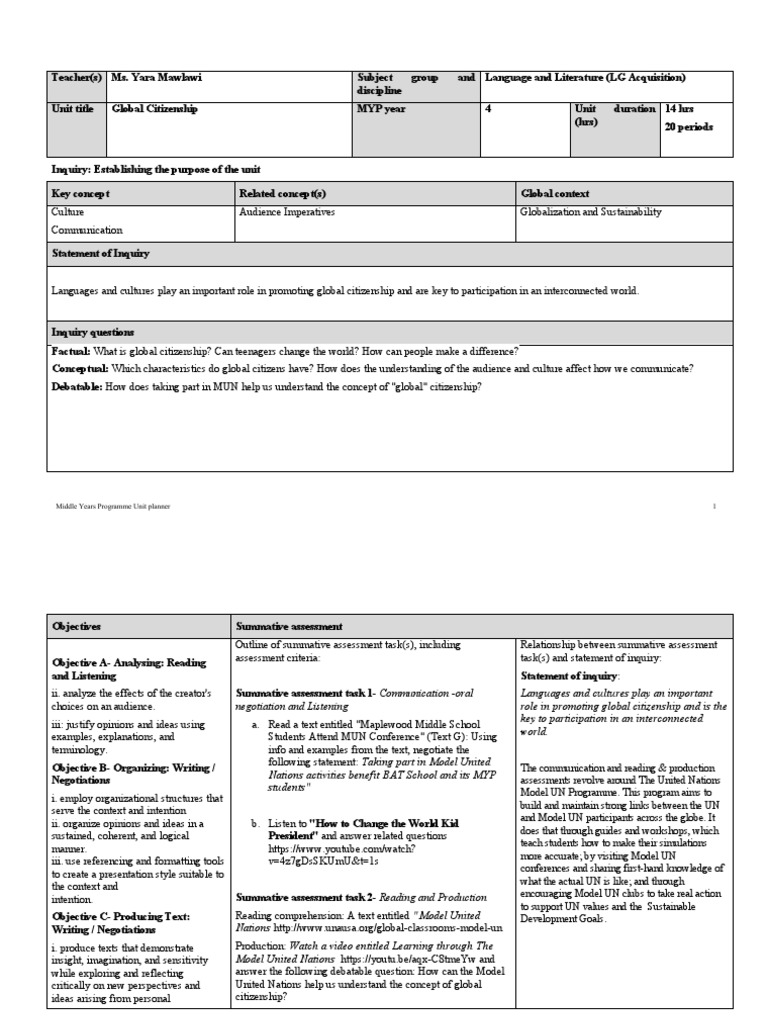 MYP Language Unit: Global Citizenship | PDF | Learning | Communication